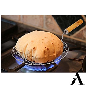 AnNafi® Multi-Purpose Round Roti Jali Papad Grill Chapati Jari Griller Pan| Big Roasting Net, Stainless Steel Multifunctional Wire Steaming Cooling & Baking Barbecue Rack Roaster with Wooden Handle