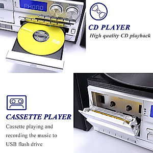 Gartopvoiz Bluetooth Vinyl Record Player, 3 Speeds All in 1 LP Turntable with External Stereo Speakers, CD Player Cassette AM/FM Radio USB/SD Encoding & Playing Phonograph