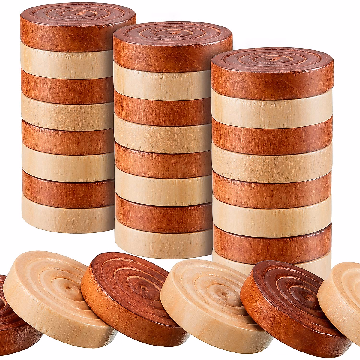 24 Pieces Wooden Checkers 1.06 Inch Wood Checkers Pieces Stackable with Drawstring Storage Bag for Board Game Backgammon, Dark Brown and Natural Wood Color