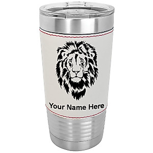 LaserGram 20oz Vacuum Insulated Tumbler Mug, Lion Head, Personalized Engraving Included (Faux Leather, Baseball Style)