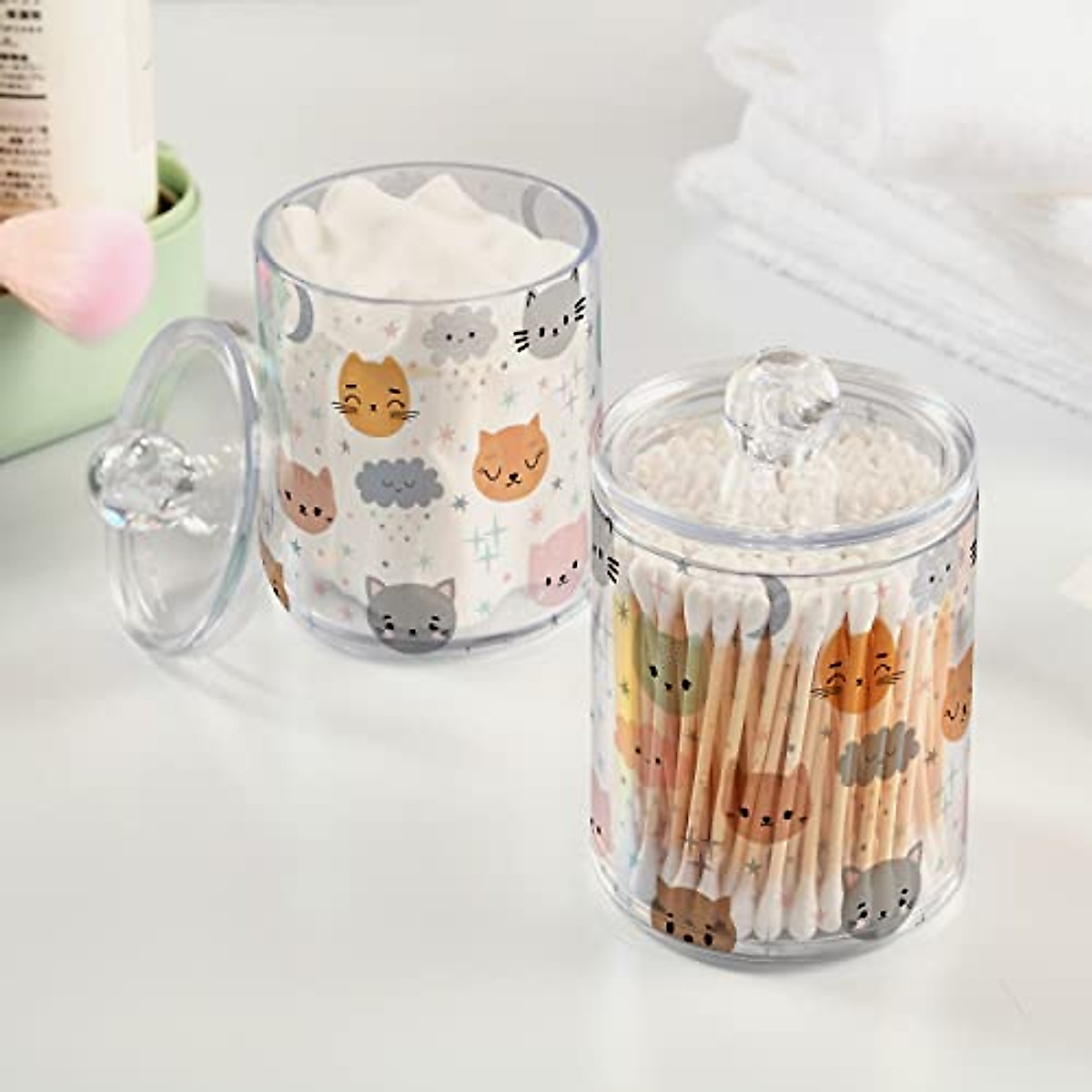 xigua 2 Pack Cute Little Cats Apothecary Jars with Lid, Qtip Holder Storage Containers for Cotton Ball, Swabs, Pads, Clear Plastic Canisters for Bathroom Vanity Organization (10 Oz)
