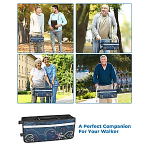ISSYAUTO Walker Basket, Strap Mount Walker Cup Drink Holder with Two Split Board, Foldable Walker Storage Bag, Best Present for Family and Friends - Navy (Not Fit Rollator Walkers)