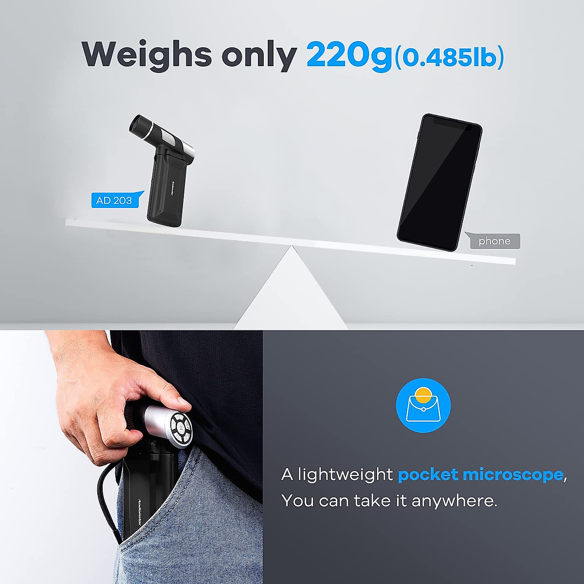 Andonstar AD203 Handheld Digital Microscope, Portable Pocket Microscope with 4 inch Screen for Kids and Adults, Black, Electronic FHD Video Microscope, Supports Windows Mac PC, USB Coin Microscope