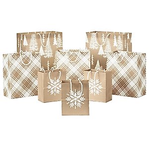 Hallmark Assorted Christmas Gift Bags, Recyclable Kraft Brown with Snowflake, Plaid and Trees (8 Bags: 3 Small 6", 3 Medium 9", 2 Large 13") for Holiday Parties, Hanukkah, Winter Weddings