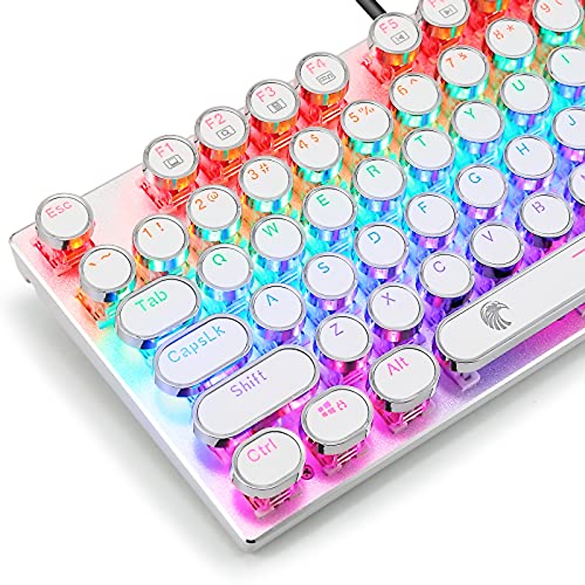 HUO JI E-Yooso Z-88 Typewriter Mechanical Keyboard, Rainbow LED Backlit, Vintage Retro Style with Red Switches, Compact 81 Keys for PC, Mac, White