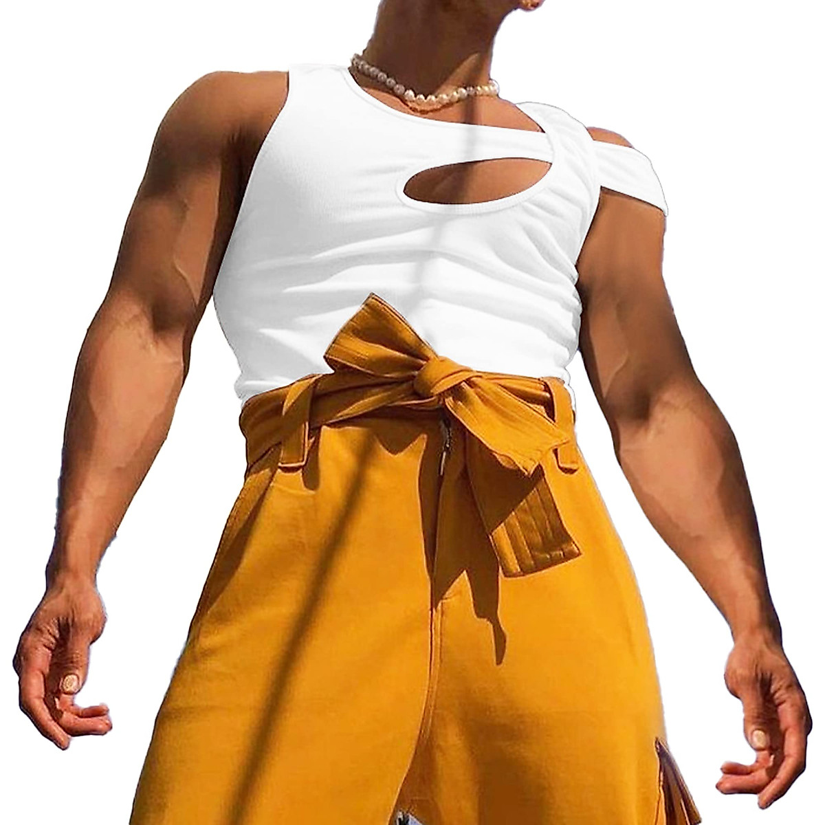 Men's Hot Sexy Crewneck Tank Top Gay Male Solid Sleeveless Muscle Shirts White M