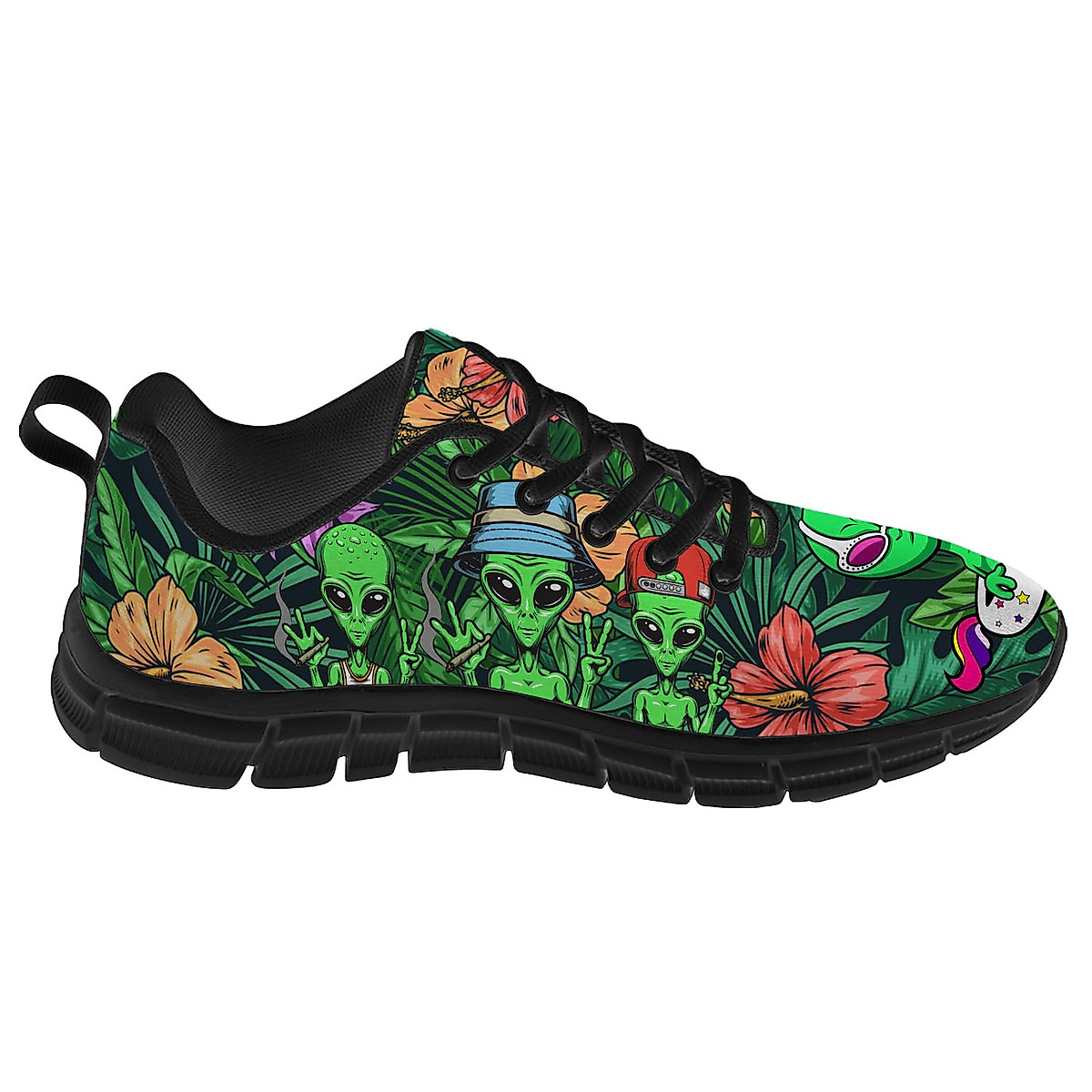 Mens Womens Alien Shoes Running Walking Tennis Sneakers Alien UFO Tropical Hibiscus Flower Shoes Gifts for Women Men,Size 9 Men/10.5 Women Black