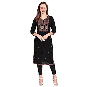 ladyline Womens Rayon Slub Embroidered Kurti Tunic Kurta Slits Embroidery (Black-44)