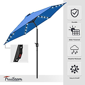 FRUITEAM Solar Patio Umbrella Outdoor LED Swimming Pool Umbrella, 7 1/2 FT Table Umbrella with Lights Heavy Duty Patio Umbrella with Sturdy Ribs, Crank, Easy Tilt Adjustment, Aqua Blue
