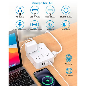 Surge Protector Power Strip, Extension Cord with Multiple Outlets, 5 Ft Ultra Thin Flat Plug 8 Outlets 4 USB Ports(2USB C),1080J Multi Plug Outlet Extender for Home Office College Dorm Room Essentials