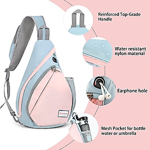 ZOMAKE Sling Bag,Crossbody Sling Backpack Shoulder Chest Bag for Women Men - Travel Hiking Daypack (Grey/Light Pink)