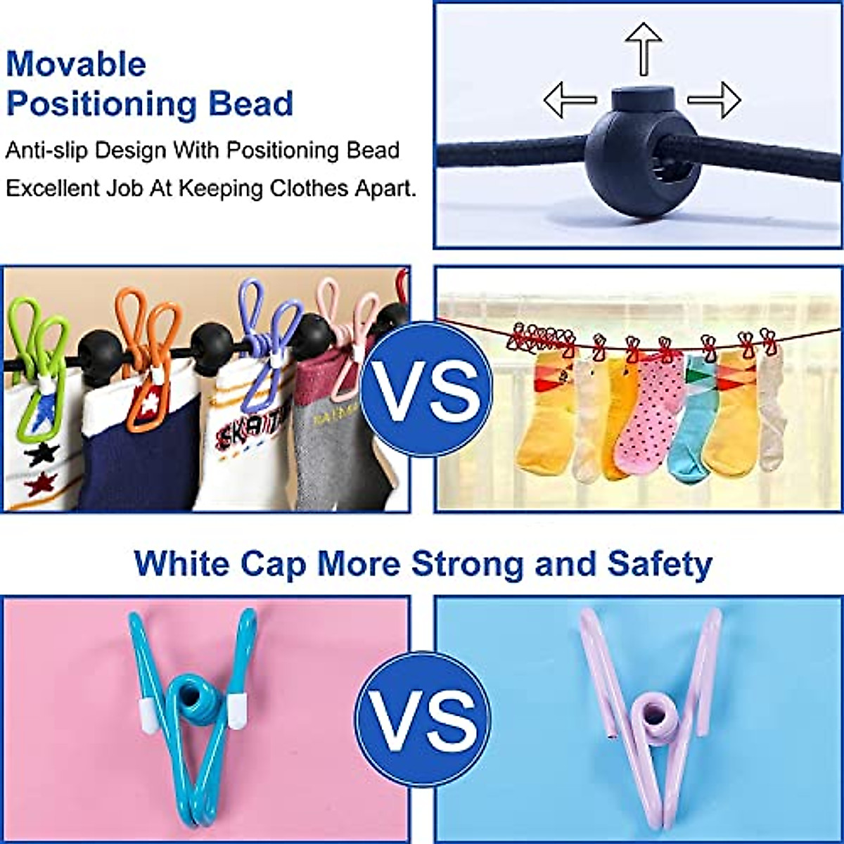 Portable Clothesline with 12 Colorful Clothespins, Windproof Travel Clothesline Stretchy Retractable Elastic Laundry Clothes Line for Backyard, Vacation Hotel, Balcony and Indoor Use