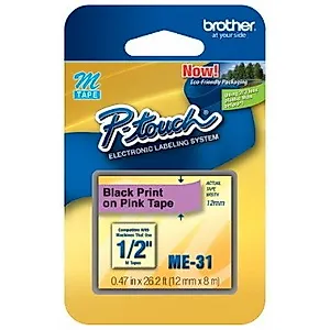 1/2" (12mm) Black on Pink P-Touch M Tape for Brother PT-65, PT65 Label Maker