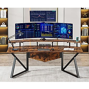 Tribesigns Computer Desk, 70.9" Large Home Office Desk with Monitor Stand, Modern Wing-Shaped Gaming Studio Desk Study Table Workstation for Live, Streamer,Rustic Brown