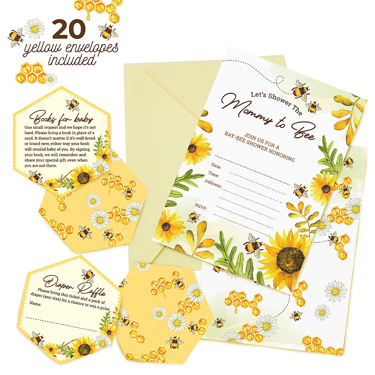 Joyful Toys Bee Baby Shower Invitations Set - Pack of 20 | Fill or Write In Blank Card with Diaper Raffle and Book Request Cards With Envelopes, Bumblebee Themed Party Supplies