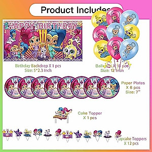 Shimmer and Shine Party Supplies Paltes Cake Toppers Balloons For Boys Girl Banner Backdrop Birthday Set Decor