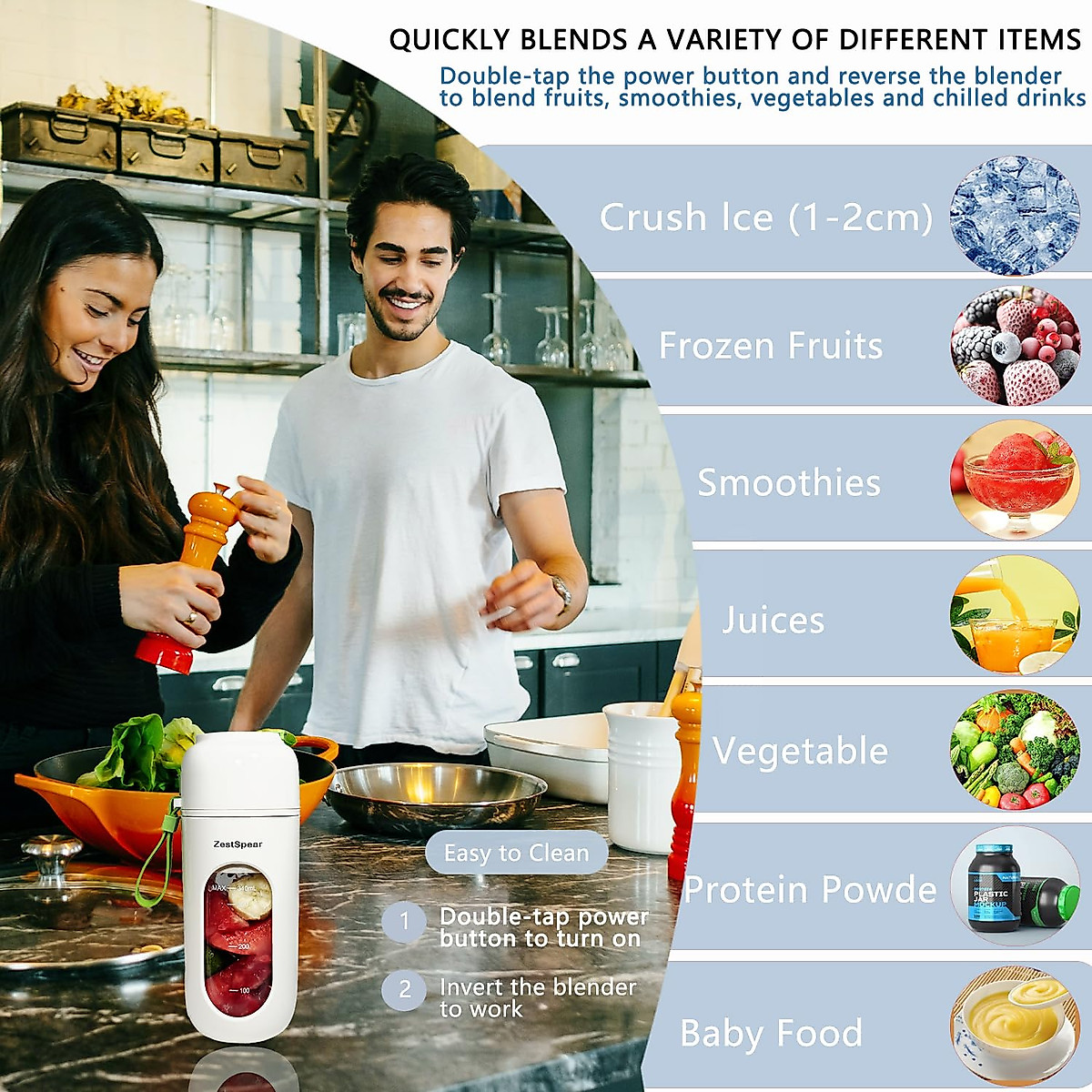 Portable Blender USB Rechargeable, Personal Size Blender for Shakes and Smoothies, Strong Cutting Power with 12 Blades, for Smoothies Shakes Baby Food and Proteins - Home Office Gym Sports and Travel