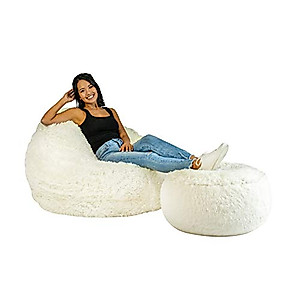 Air Candy Mongolian Faux Fur Ivory White Inflatable Chair, Premium, Soft, Fluffy Fur, Contemporary Design for Bedroom, Dorm, Living Room, Gaming, Removable and Washable Fur Cover