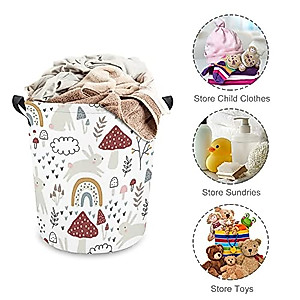 HoaMoya Collapsible Cute Cartoon Bunny Laundry Basket Spring Flowers Rainbow Mushroom Freestanding Laundry Hamper With Handles Large Waterproof Cloth Toy Storage Bin for Household Bedroom Bathroom