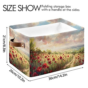 Storage Basket Red Poppies Field Canvas Collapsible Box Organizer Bin with Handles
