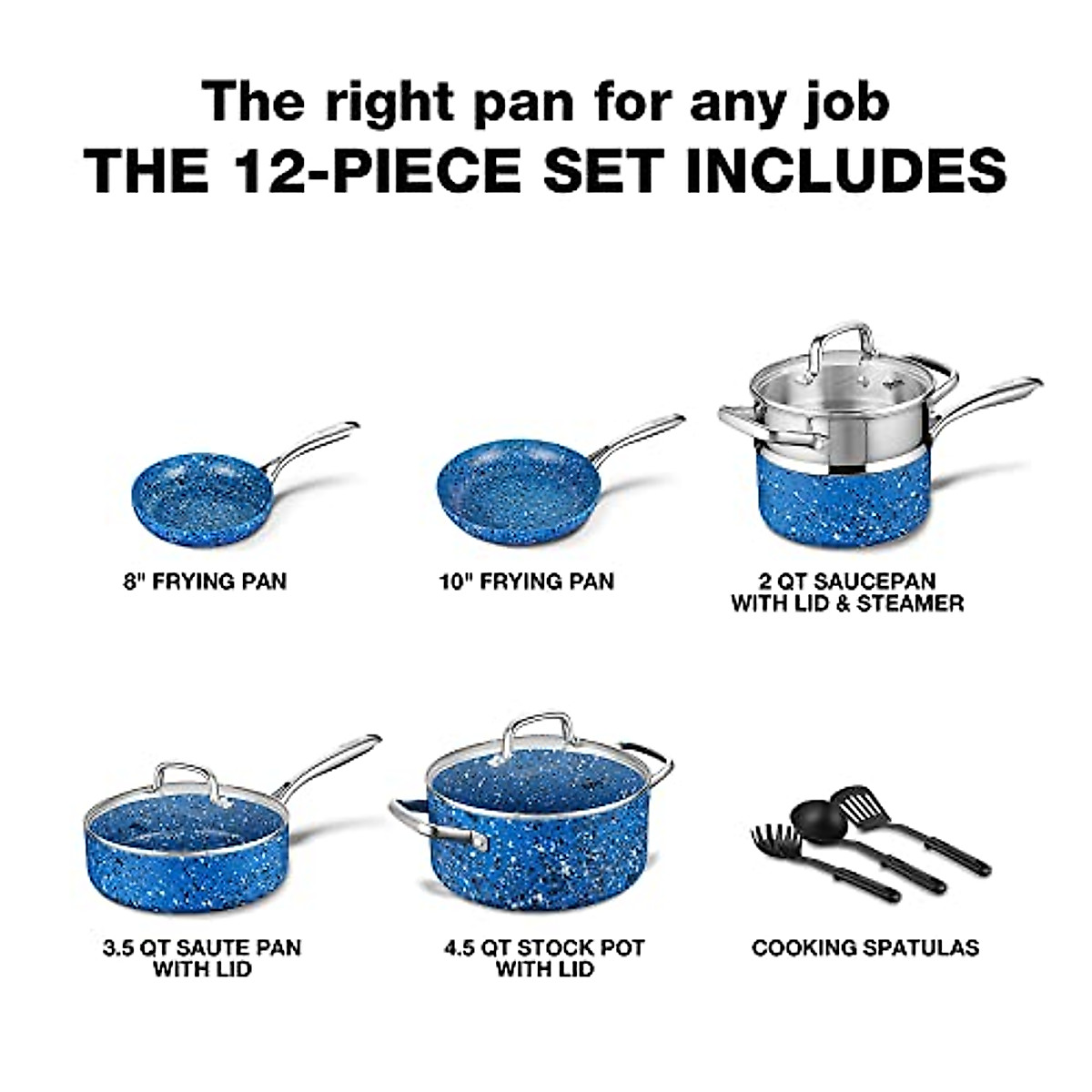 HLAFRG Nonstick Cookware Set Pots Pans and Cooking Utensils, 12 Piece Set, PFOA Free, Blue Granite