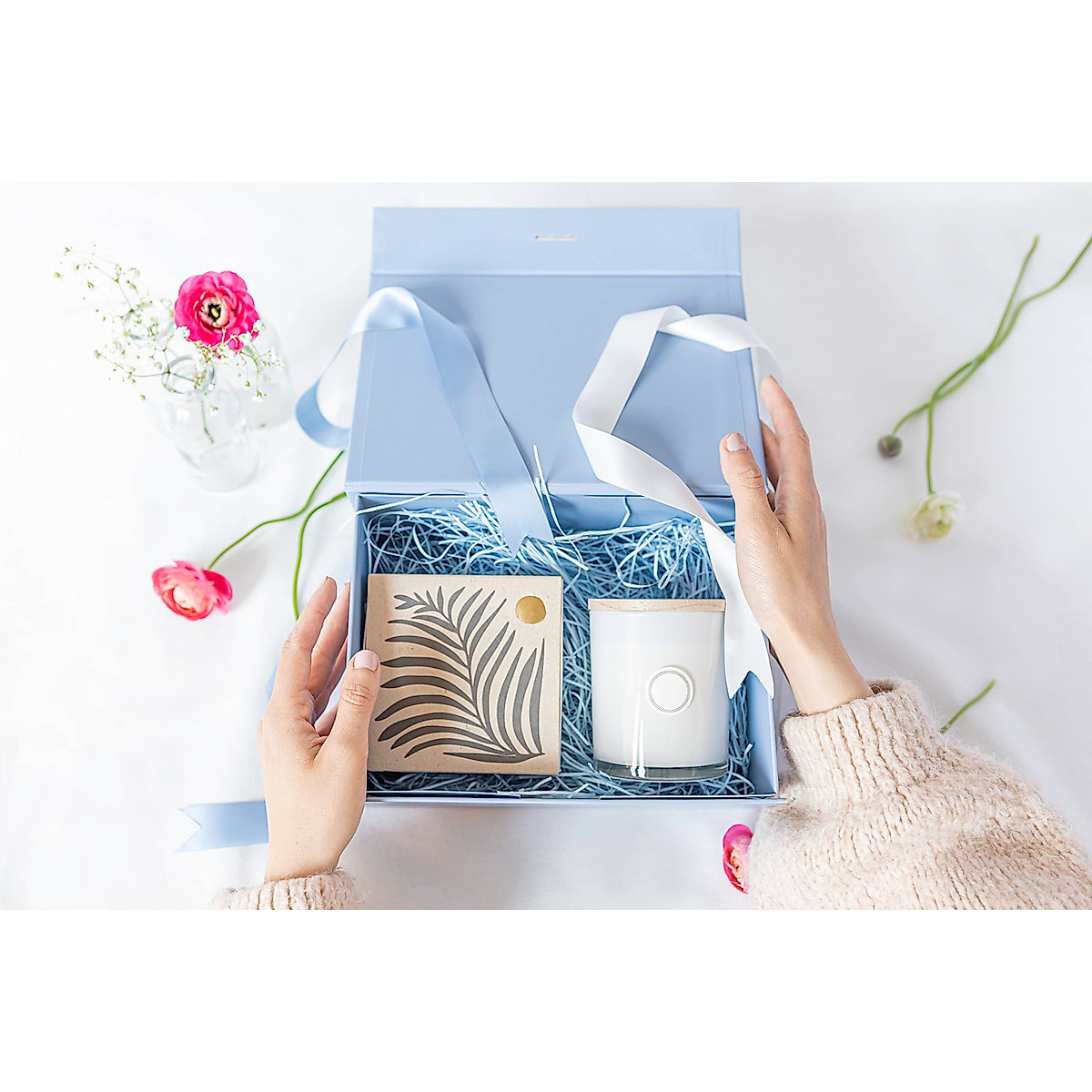 Blue Box 6.4'x 8.8'x 3.74' with Magnetic Lid, 2 Ribbons and Thank you Stickers for Groomsman, Wedding, Christmas, Halloween, Birthday, Fathers Day