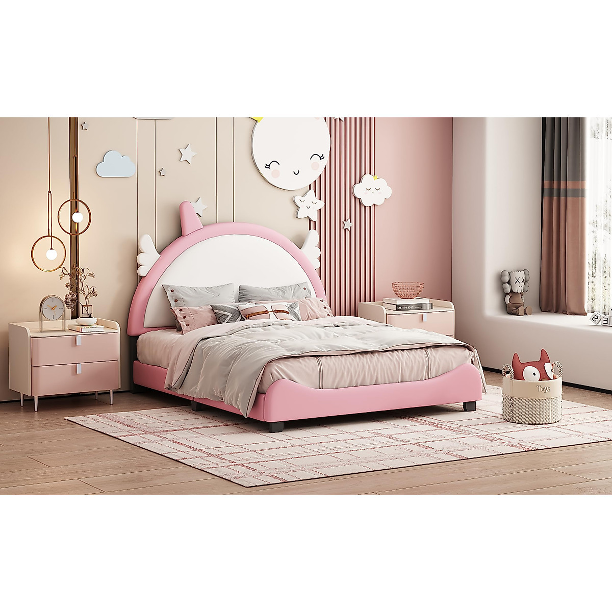 Harper & Bright Designs Full Size Upholstered Princess Bed Frame with Crown Headboard for Boys Girls Kids Toddler,Full Size Platform Bed with Headboard and Footboard,White+Pink (Pink3)