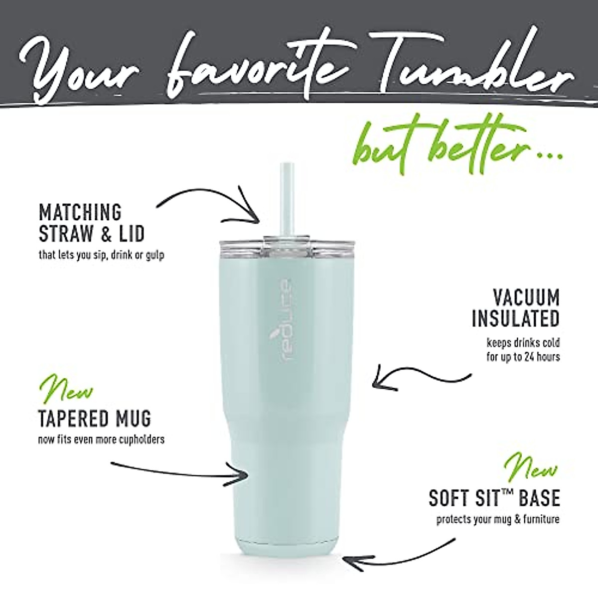 REDUCE Cold1 24 oz Tumbler with Lid and Straw - Dual-Wall Vacuum Insulated Stainless Steel Tumbler - Keeps Drinks Cold up to 24 Hours - Inner Ounce Markings to Track Hydration - OG Sea Glass
