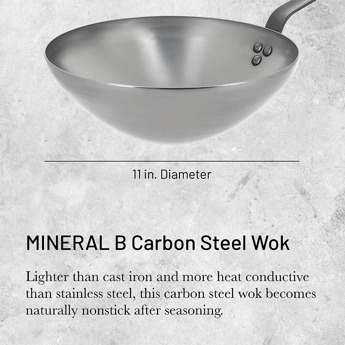 de Buyer MINERAL B Carbon Steel Wok Pan - 11” - Ideal for Steaming, Stir Frying & Deep Frying - Naturally Nonstick - Made in France
