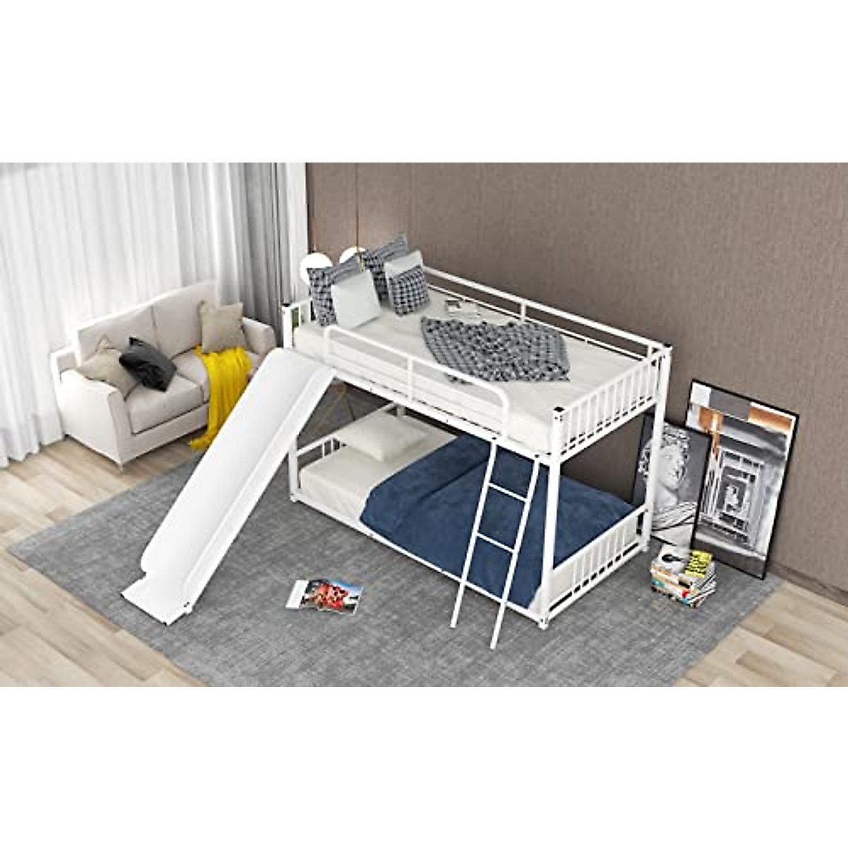 Tidyard Metal Bunk Bed with Slide, Twin Over Twin, White for Bedroom Dorm Guest Room Home Furniture