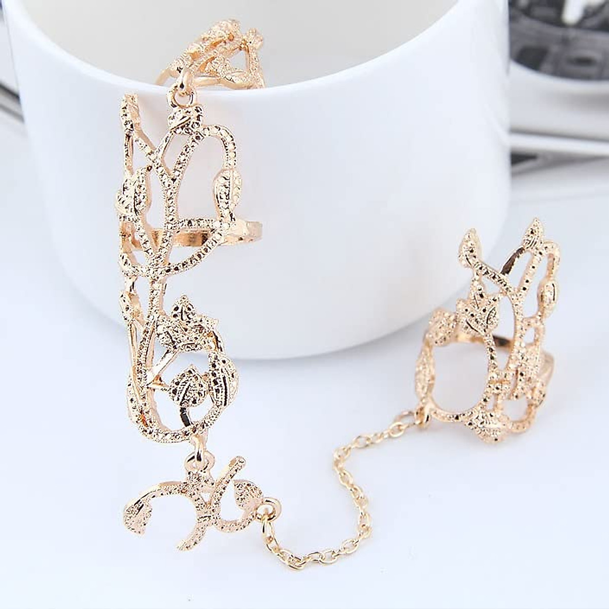 Charm Leaf Full Finger Rings Punk Dainty Bracelet BOHO Knuckle Ring Harness Wedding Jewelry Hand Chains Adjustable Statement Rings for Women-gold