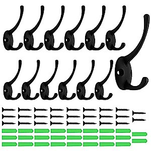 Kruodop 13 Pack Wall Hooks Wall Mounted Coat Hooks for Hanging Heavy Duty, Black Towel Hooks, Metal Double Coat Hanger with Screws Cup Retro for Coats, Handbags, Towels, Hat, Backpack