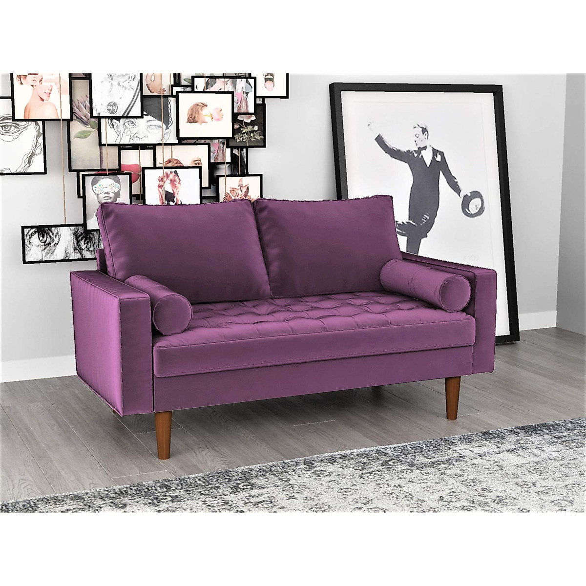 Container Furniture Direct Womble 58 Inch Velvet Loveseat Sofa with Elegant Button Tufted Upholstery, Square Arms, Splayed Wood Legs, Includes Matching Bolster Pillows, Eggplant