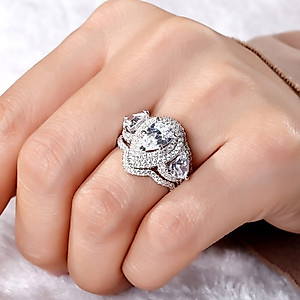 Jeulia Double Halo Oval Engagement Ring Sterling Silver Cubic Zirconia Engagement Ring Set Simulated Diamond Wedding Bridal Sets with Side Stones Promise Gift