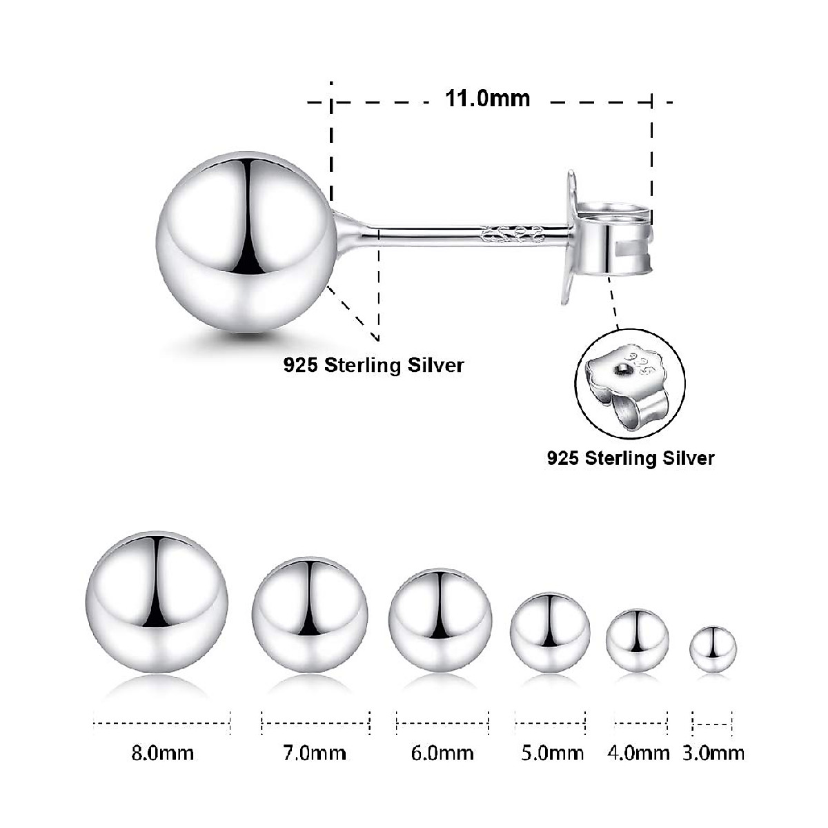 18K White Gold Plated Sterling Silver Ball Stud Earrings 3mm-8mm Options, Simple Polished Ball Studs Hypoallergenic Jewelry (3mm)