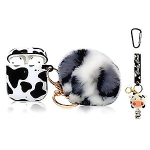 Redx1 Cow Airpod Case with Pompom and Strap Keychain Compatible with AirPods 2/1,Airpods Protective Hard Case Cover, Airpod Case for Women Girls Teen (Cow Print)