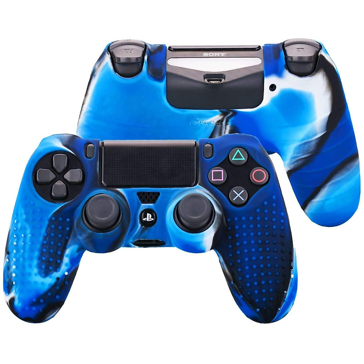 YoRHa Studded Silicone Cover Skin Case for Sony PS4/slim/Pro Dualshock 4 Controller x 1(Camouflage Blue) with Pro Thumb Grips x 8