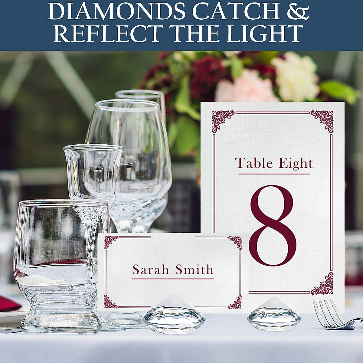 Diamond Table Number Holder & Place Card Holders [20 Pack] Sturdy, Crystal-Clear Acrylic Table Card Stands for Party & Wedding Table Decorations