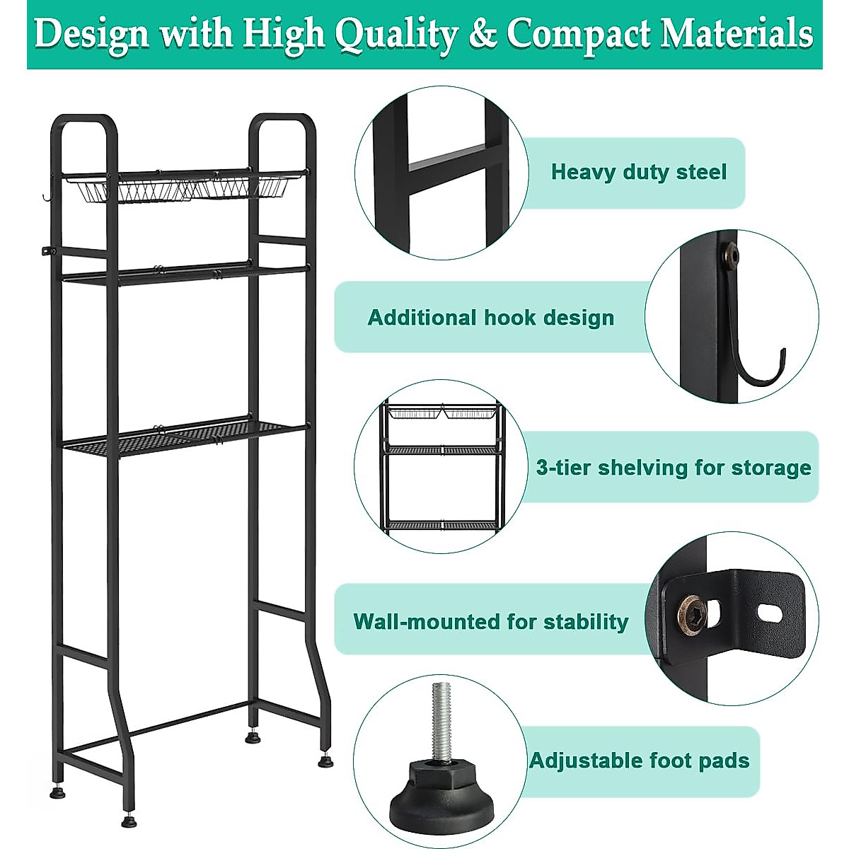 Khordin Over The Toilet Storage Shelf for Bathroom, 3-Tier Above Toilet Rack Bathroom Organizer with Adjustable Shelves and Hanging Hooks, Easy to Assemble & Space Saving, Black