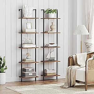 HOOBRO DIY Ladder Shelf, 5-Tier Wooden Wall Mounted Bookshelf, Narrow Bookcase, Display Shelf, Storage Rack, Plant Stand, for Living Room, Bedroom, Study, Balcony, Rustic Brown and Black BF531CJ01