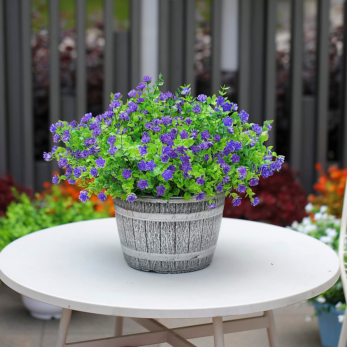 Momkids 4 Pcs Sprlng Artifical Flower & Plant Outdoor Uv Resistant Faux Plastic Floral Fake Greenery Shrubs Hanging Plant Planter for Home Garden Window Box Balcony Porch Decoration (Purple)