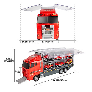 Joyfia 10 in 1 Fire Truck Toys, Mini Die-cast Fire Engine Car Toy Set in Carrier Truck, Rescue Emergency Double Side Transport Vehicle for 3 Years Old Boys and Girls