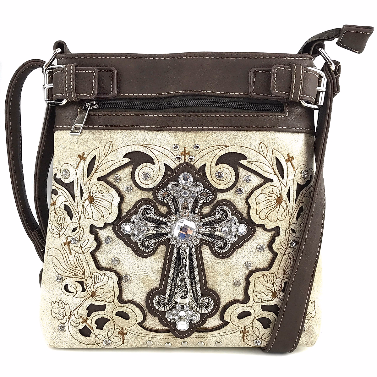 Justin West Cowgirl Western Rhinestone Cross Floral Embroidery Studded Concealed Carry Handbag Purse Trifold Crossbody Messenger Bag Wallet (Beige Busy Messenger)