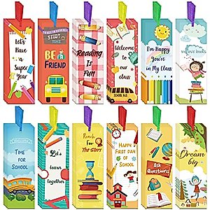 120 Pack Back to School suppies for Students, First Day of School Bookmarks, Kids Bookmarks with 120 Pack Hanging Ropes for Back to School Decor Kindergarten Classroom Teachers Inspirational Awards