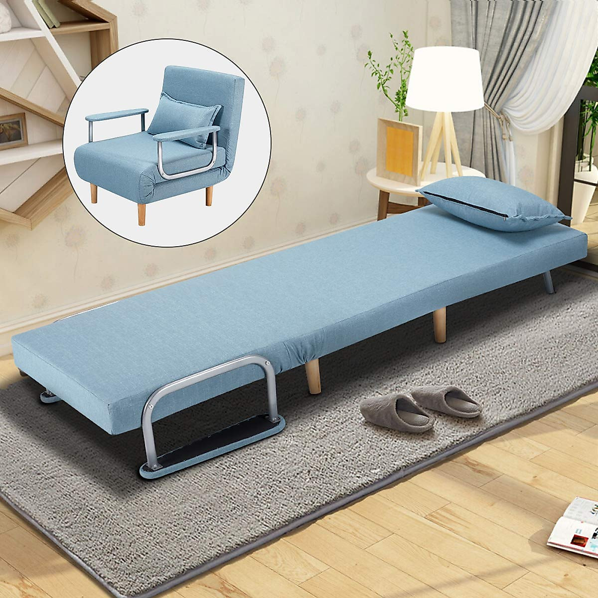 HOMHUM Convertible Sofa Bed Sleeper Chair,Adjustable 5 Position Backrest, Folding Arm Chair Sleeper w/Pillow, Upholstered Seat, Leisure Chaise Lounge Couch for Home, Office,Blue