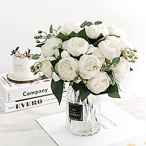 DEEMEI Artificial Peonies Flower Silk Peony Bouquet 4 Bundles Faux Persian Rose with Eucalyptus Leaves for Home Wedding Party Decoration (White)