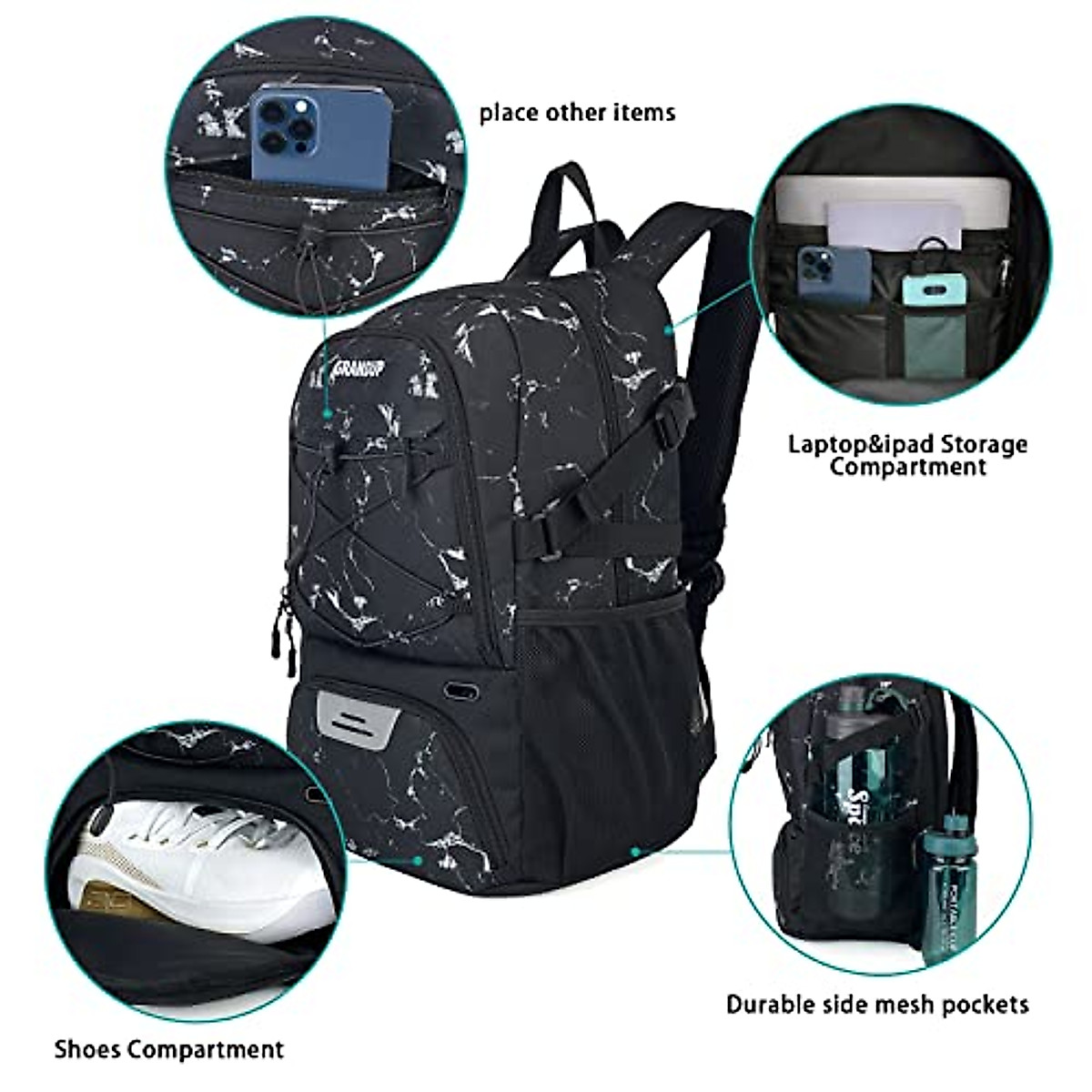 GRANDUP Basketball backpack with ball and shoes compartment Fit Volleyball, soccer, Swim, Gym, Travel, large capacity sports training equipment bags