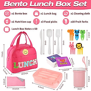 77 Pieces Bento Box Lunch Box Kit Large Pink Insulated Lunch Bag 3 Layer Stackable Leakproof Lunch Box Containers with Cup,Lunch Bag,Spoon,Fork,60 Pieces Lunch Box Notes for Girl Women (Rose Red)