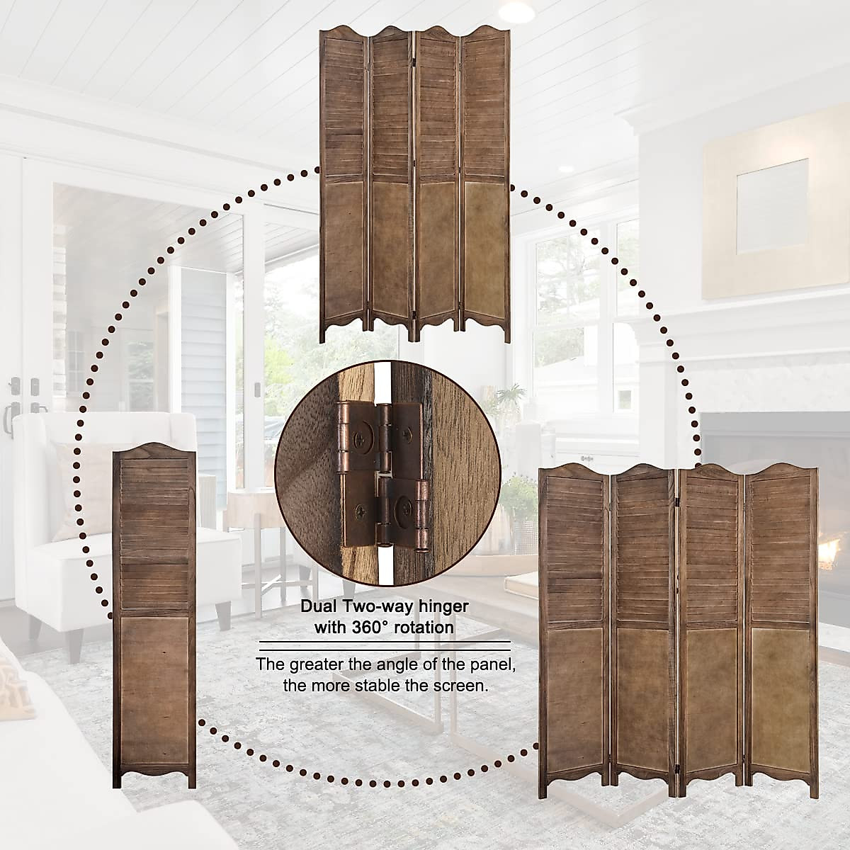 Room Divider Privacy Screen 4 Panel Room Dividers and Folding Privacy Screens 5.6ft.Tall Rustic Wood Brown Room Divider Wall Separator Partition Freestanding