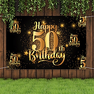 Mnixy Happy 50th Birthday Backdrop Banner Step and Repeat 50 Years Old Background Decorations for Women Men Her Him Photography Party Supplies Glitter Black Gold (1)